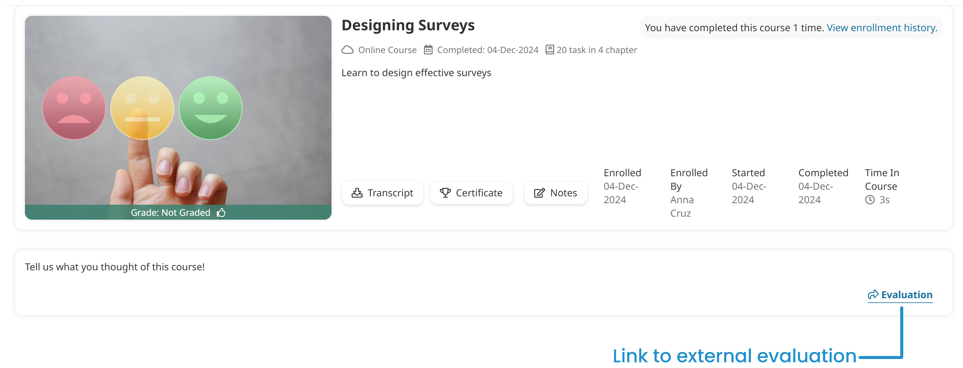 Learner Interface: Course Details, Course Evaluation